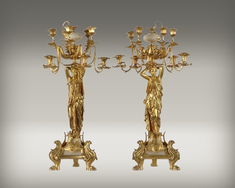 Maison Gustave LEVY, Pair of caryatids candelabras gilded bronze. Model ...