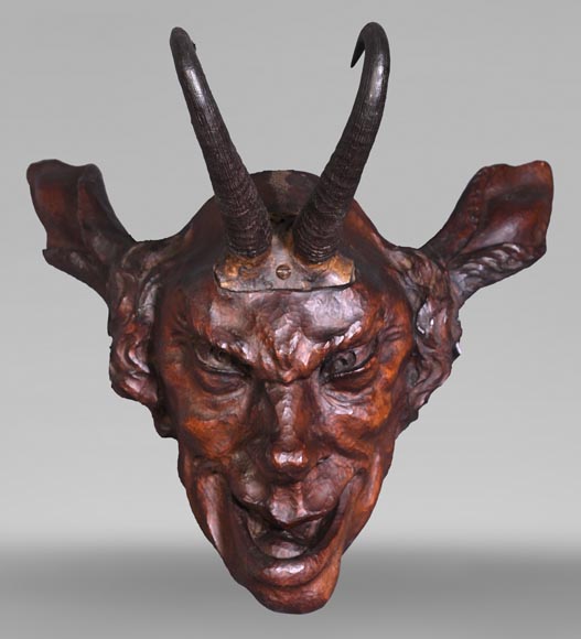 STEINER Hermann (1878-1963) faun mask in carved wood and ibex horns ...