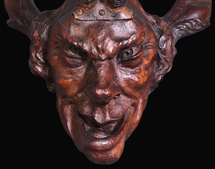 STEINER Hermann (1878-1963) faun mask in carved wood and ibex horns ...