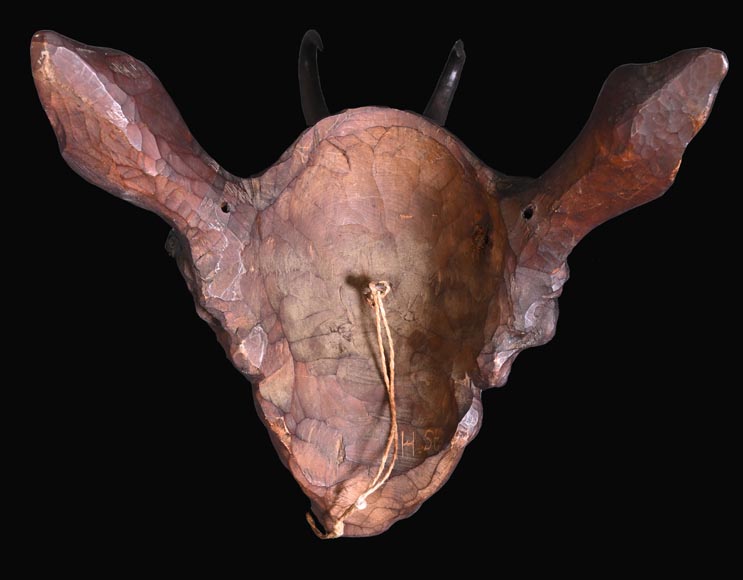 STEINER Hermann (1878-1963) faun mask in carved wood and ibex horns ...