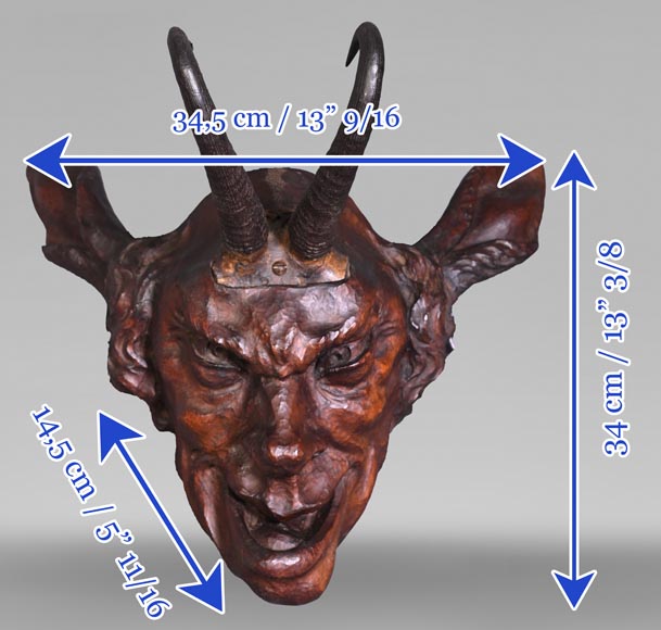 STEINER Hermann (1878-1963) faun mask in carved wood and ibex horns ...