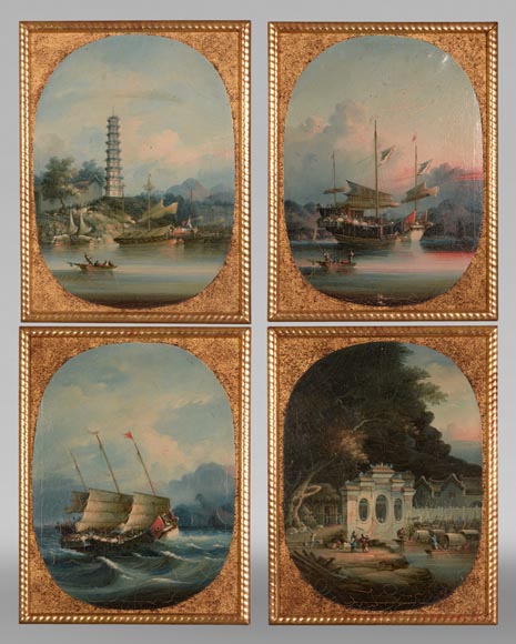 Nam Cheong (active 1845-1870) - Set of four oils on canvas representing ...