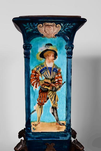 Pair of Neo-Renaissance style earthenware cones vases with brown patina ...