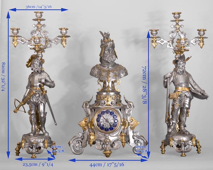 Bearded and armoured warrior clock set in silver and gilded bronze ...