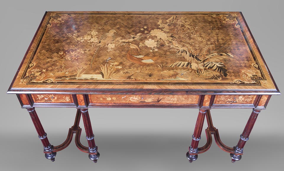 E.Martin (old Maison Rivart), Marquetry desk with lake landscape ...