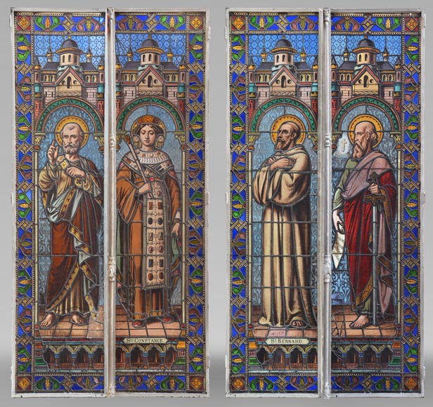 Pair of double Religious stained glass depicting saints - Stained glasses
