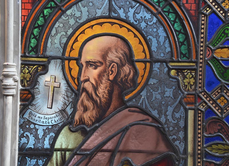 Pair of double Religious stained glass depicting saints - Stained glasses