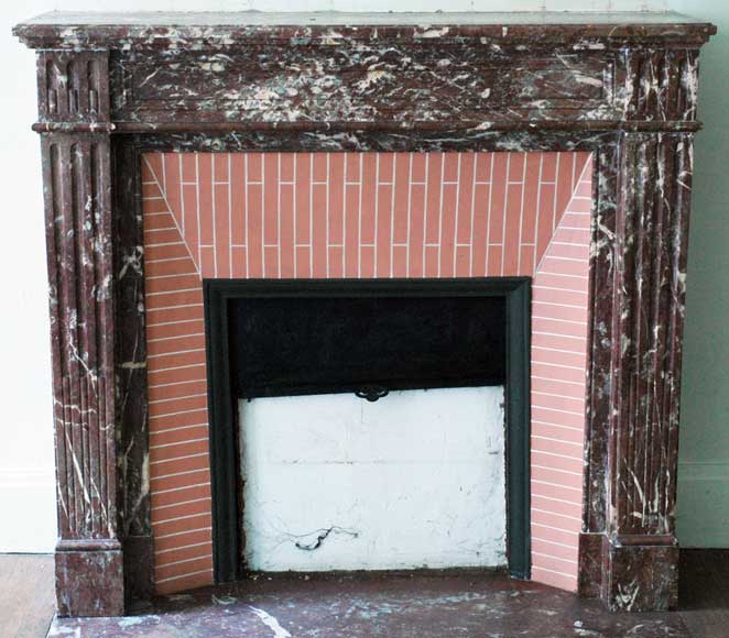 Louis XVI style red marble mantel with fluted pilaster jambs - Marble