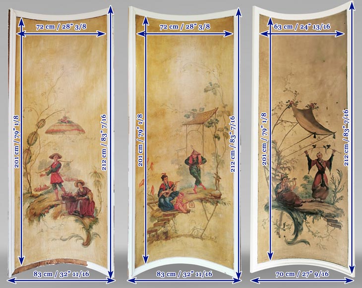 Series of three curved and painted panels with Chinoiseries decoration ...
