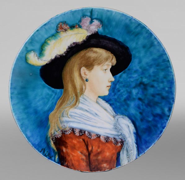 Théodore DECK, blue dish with female bust in profile, second half of ...