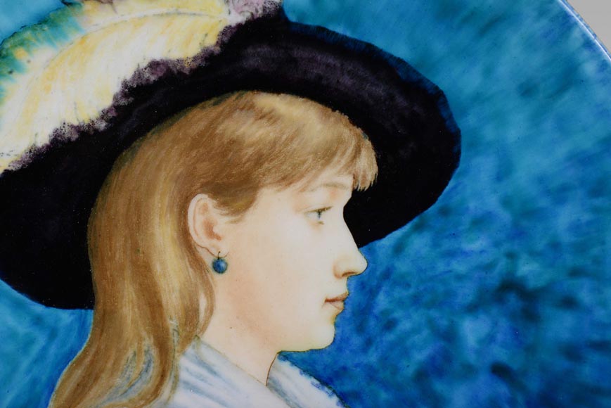 Théodore DECK, blue dish with female bust in profile, second half of ...