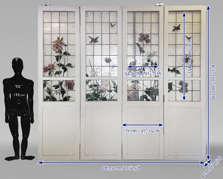 Quadruple sliding door with stained glass windows featuring birds and ...