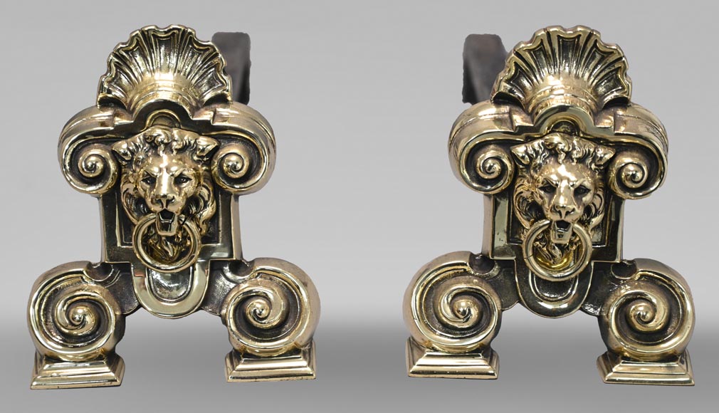 Pair of andirons with lion heads - Firedogs, andirons
