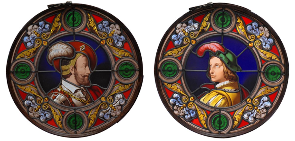 Two stained glass window Neo-Renaissance portraits - Civil and historical