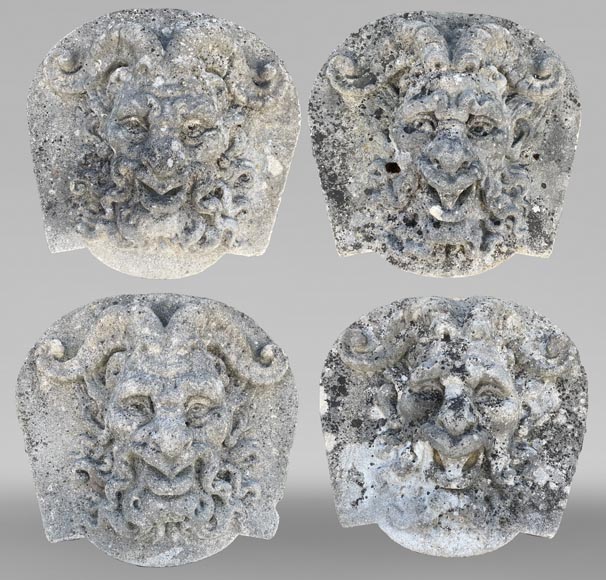 Set of Four Carved Stone Medallions Depicting Satyr Faces - Statues