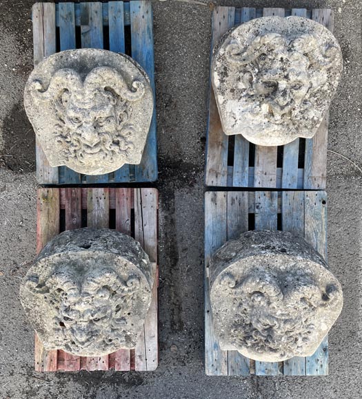 Set of Four Carved Stone Medallions Depicting Satyr Faces - Statues