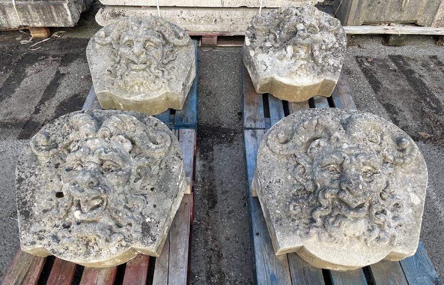 Set of Four Carved Stone Medallions Depicting Satyr Faces - Statues
