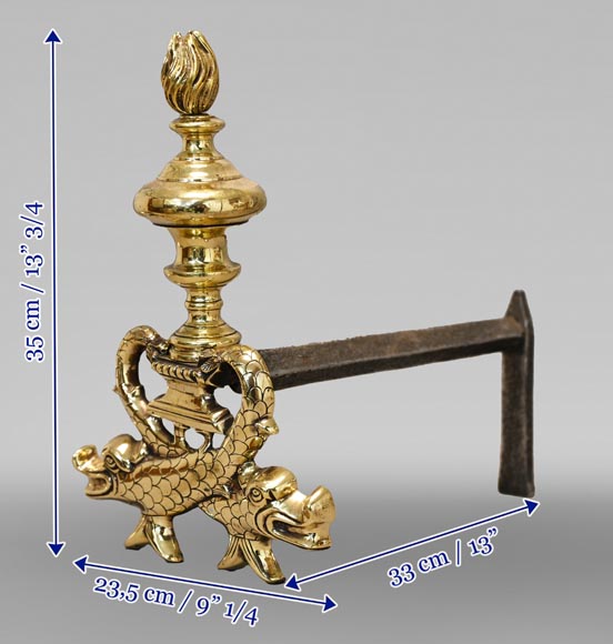 Pair of ormolu fish andirons - Firedogs, andirons