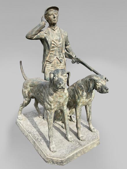 Hunter and his two dogs, bronze park statue with green patina - Statues