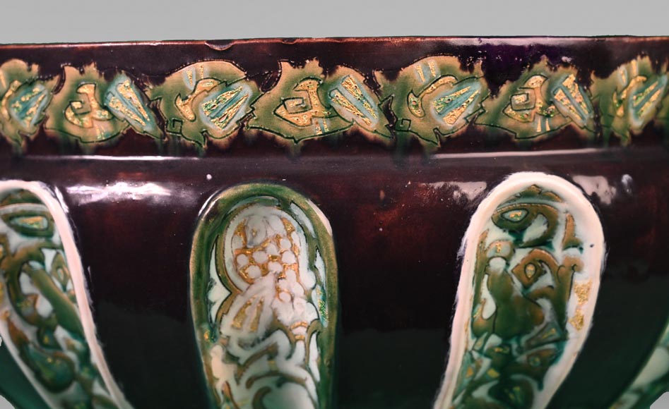 Émile GALLÉ, Earthenware vase with eggplant glaze and gold decoration ...