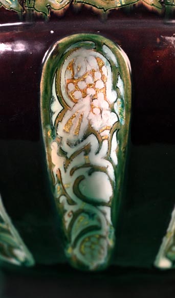 Émile GALLÉ, Earthenware vase with eggplant glaze and gold decoration ...