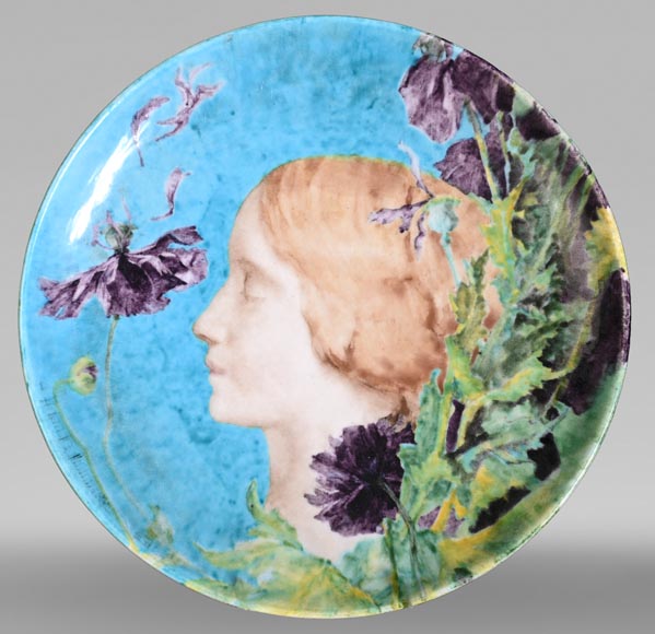 Théodore DECK, Ornamental Dish With a Sleeping Female Profile Among ...
