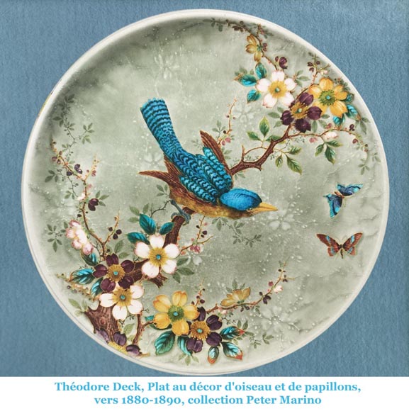 Théodore DECK, Dish decorated with iridescent bird and insects, circa ...