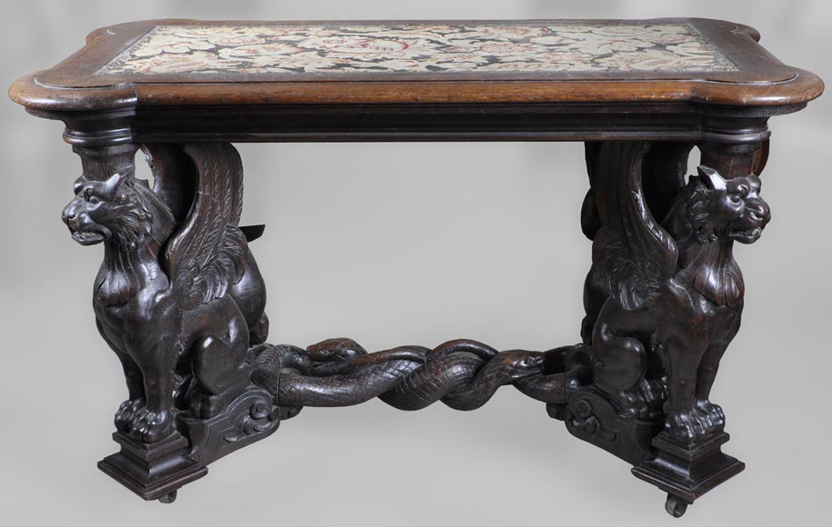 Sphinx Table in oak, Napoleon III style - Antique Dining Room Sets