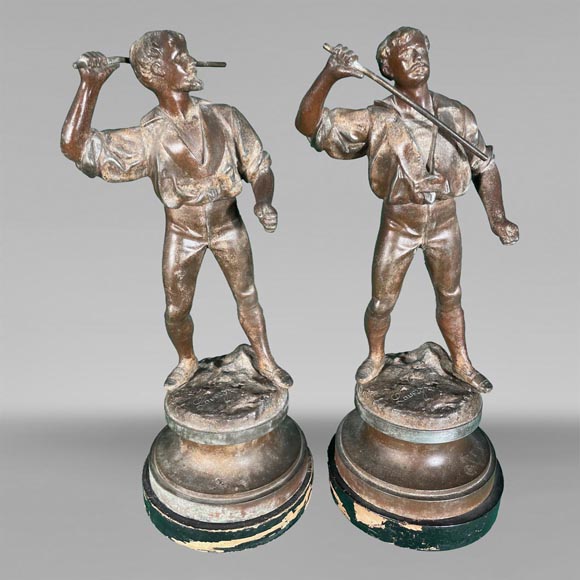 Pair of statuettes in patinated regula representing fencers - Sculpture