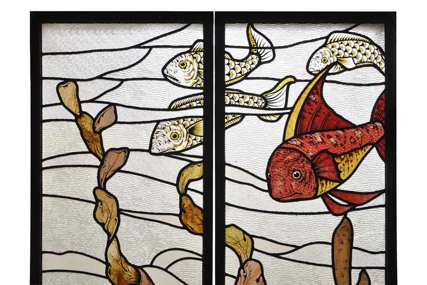 Beautiful pair of stained glass windows with japanese style decor of ...