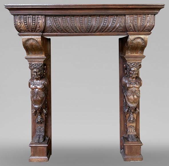 Renaissance walnut mantel with satyrs - Wood