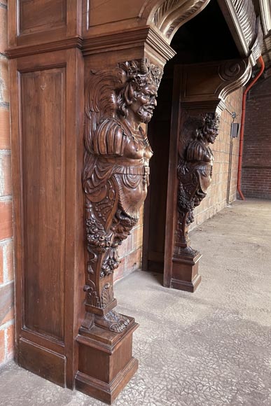 Renaissance walnut mantel with satyrs - Wood