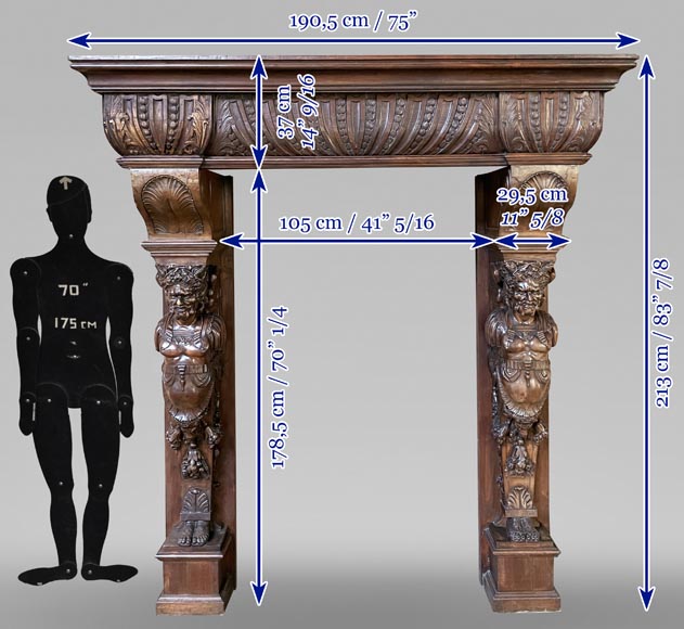 Renaissance walnut mantel with satyrs - Wood