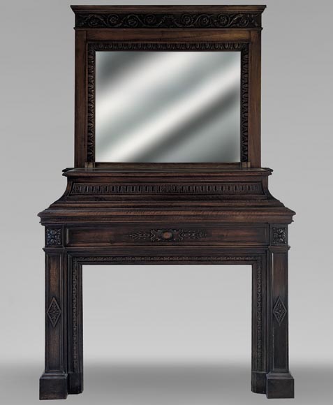 Napoleon III style walnut wood mantel with overmantel - Wood