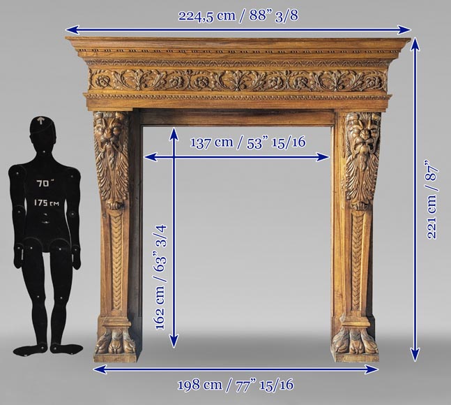 Neo Renaissance style carved walnut wood mantel with lion heads and ...