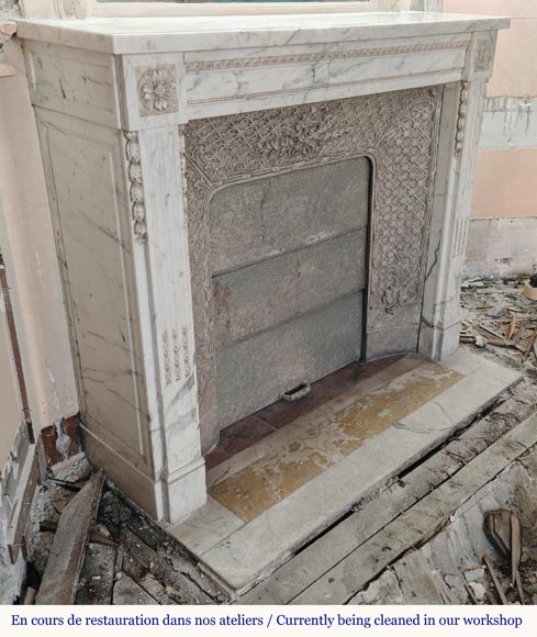 Louis XVI style mantel with pilaster feet carved in veined Carrara ...